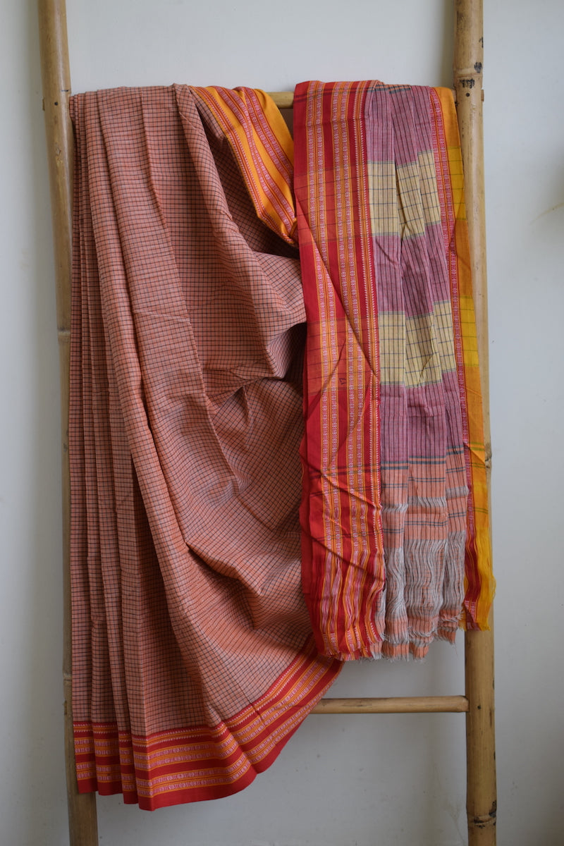 Coral Pattada Anchu Cotton Saree with Gomedadi Border – UTPALADesigns
