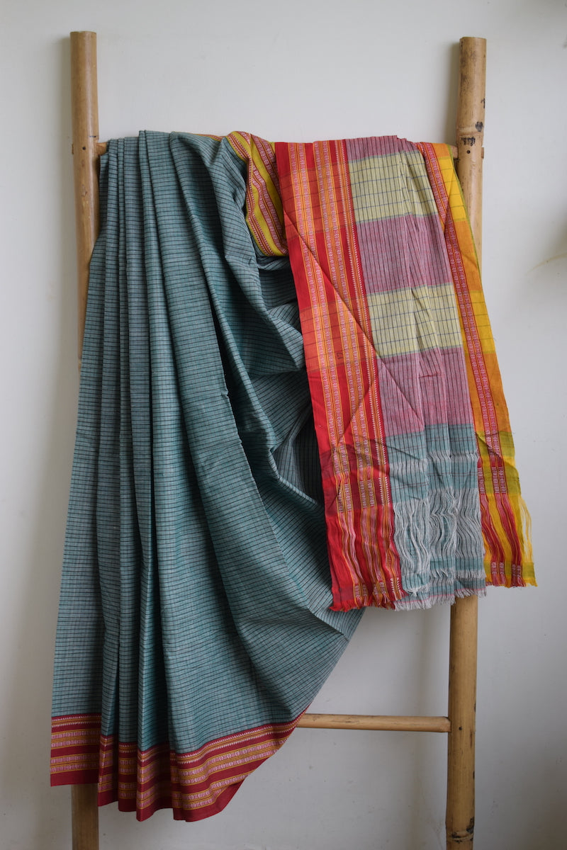 Mint Green Pattada Anchu Cotton Saree with Gomedadi Border – UTPALADesigns