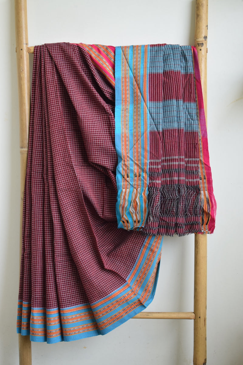 Maroon Pattada Anchu Cotton Saree with Gomedadi Border – UTPALADesigns