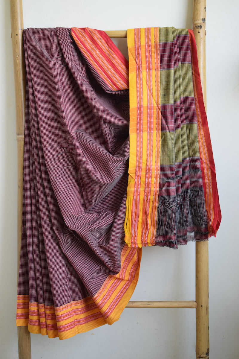 Maroon Pattada Anchu Cotton Saree with Gometeni Border – UTPALADesigns