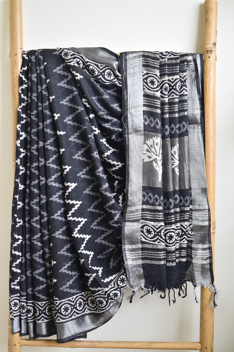Black Printed Linen Cotton Saree – UTPALADesigns